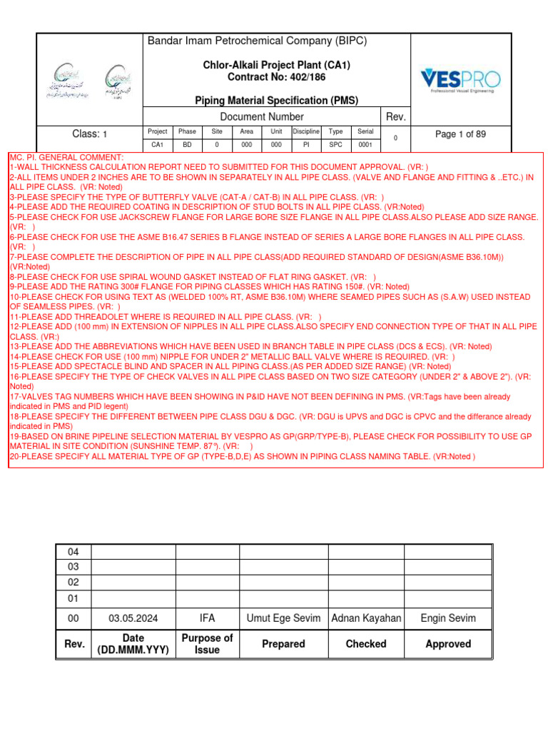 Ca1 BD 0 000 000 Pi SPC 0001 Piping Material Specification (PMS) r0 Commented | PDF | Pipe ...