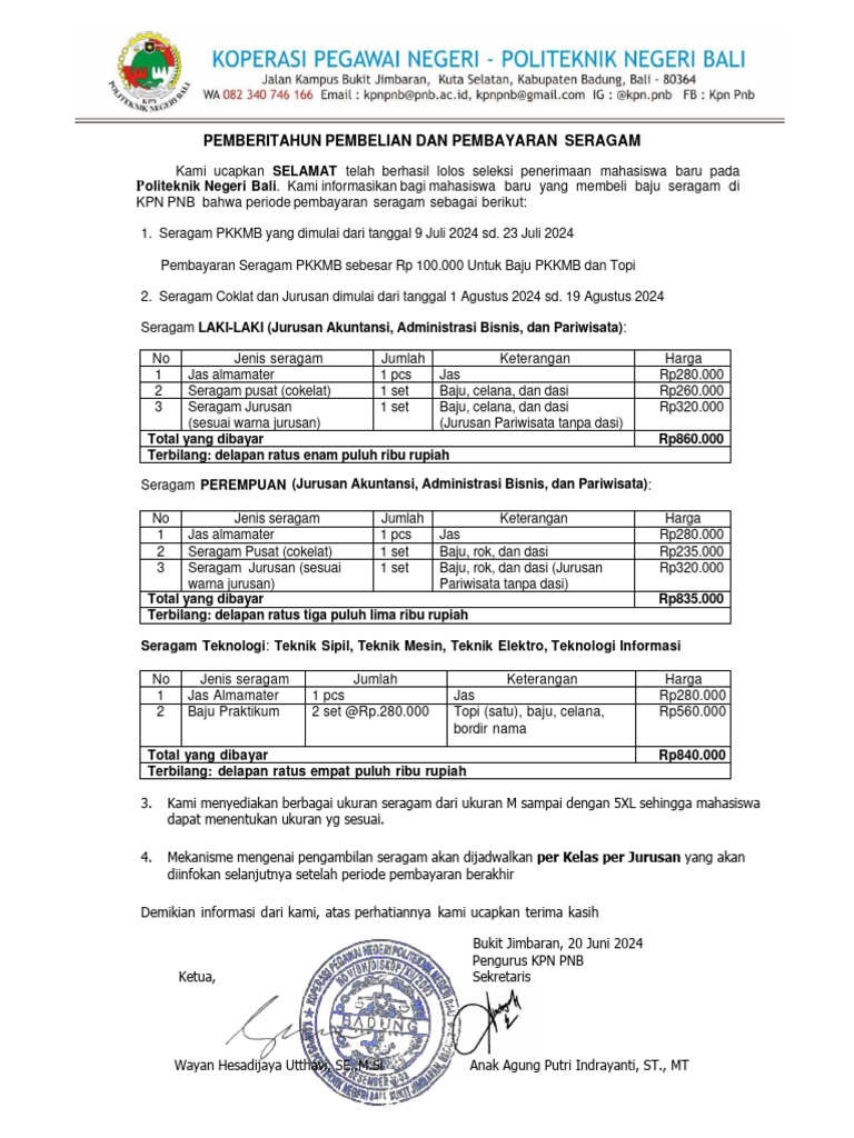 Informasi Pembelian Seragam Di KPN PNB FIX | PDF