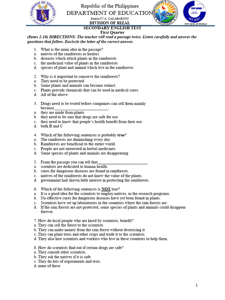 1ST Quarter Test English Secondary | PDF