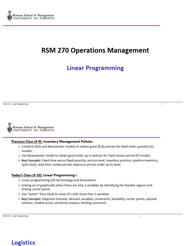 RSM270 Winter 2024 - Lecture 10 | PDF | Linear Programming | Mathematical Optimization