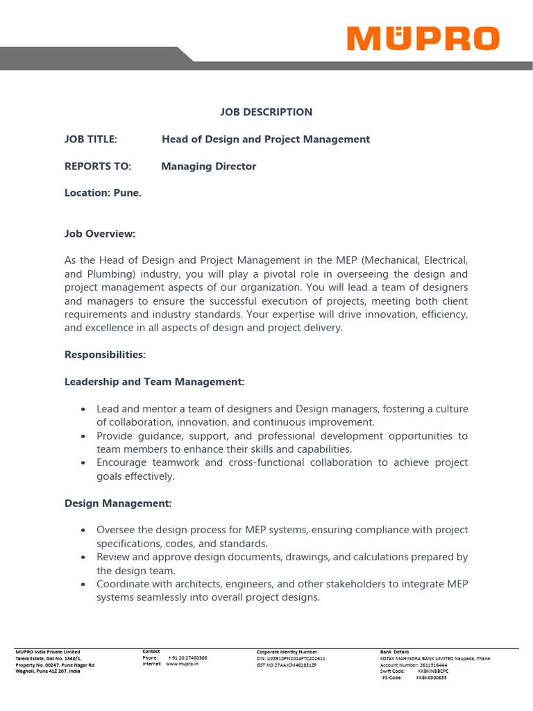 JD - Head-Design Project Management | PDF | Project Management | Business