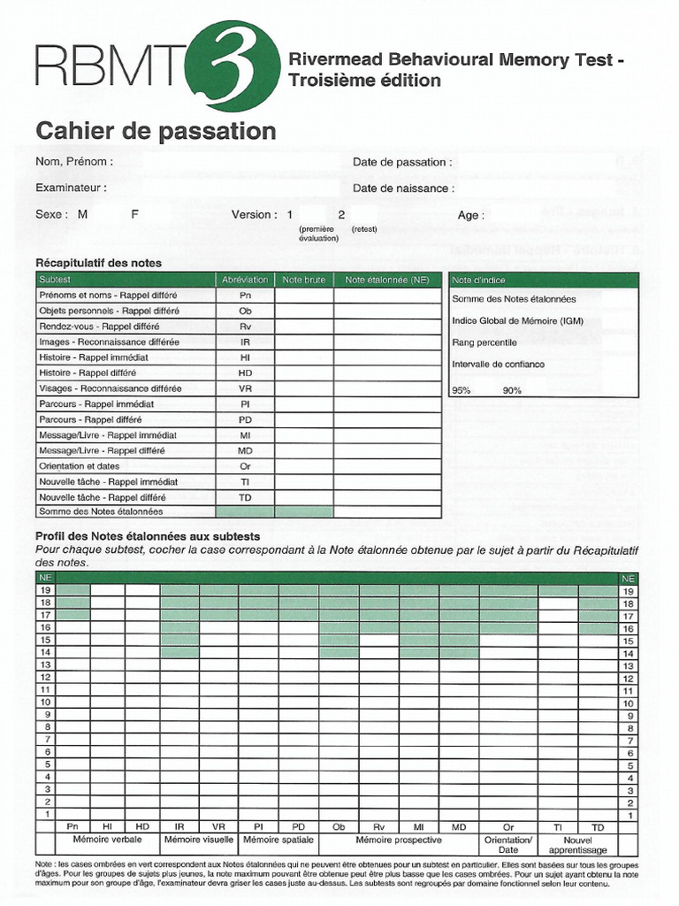 RBMT Cahier Pasation | PDF