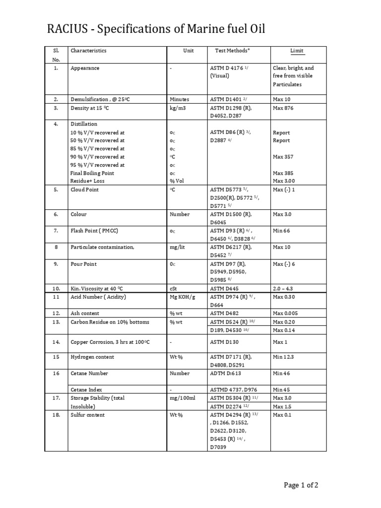 Specifications of Marine Fuel Oil | PDF | Fuel Oil | Chemical Substances