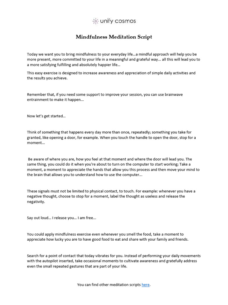 Mindfulness Meditation Script | PDF | Cognitive Science | Psychological ...