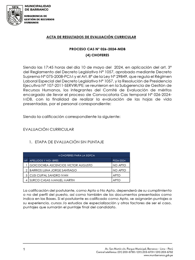 Resultados Evaluación Choferes CAS 026-2024 | PDF | Gobierno