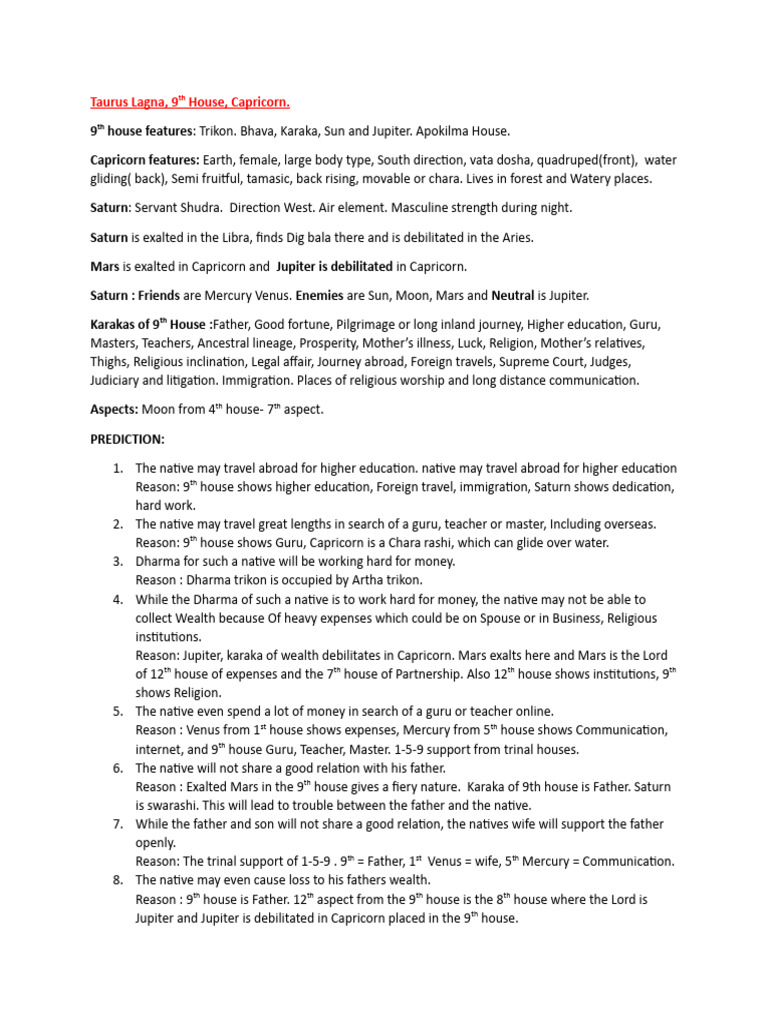 Taurus Lagna 9th House Capricorn. | PDF | Planets In Astrology | Local Interstellar Cloud