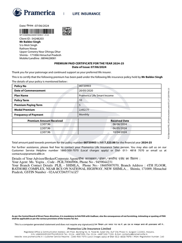 Premium Payment Confirmation | PDF | Insurance | Life Insurance