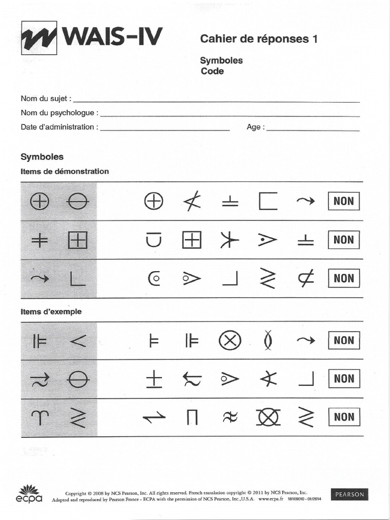 Cahier - Reponses CODES + SYMBOLES WAIS-IV | PDF