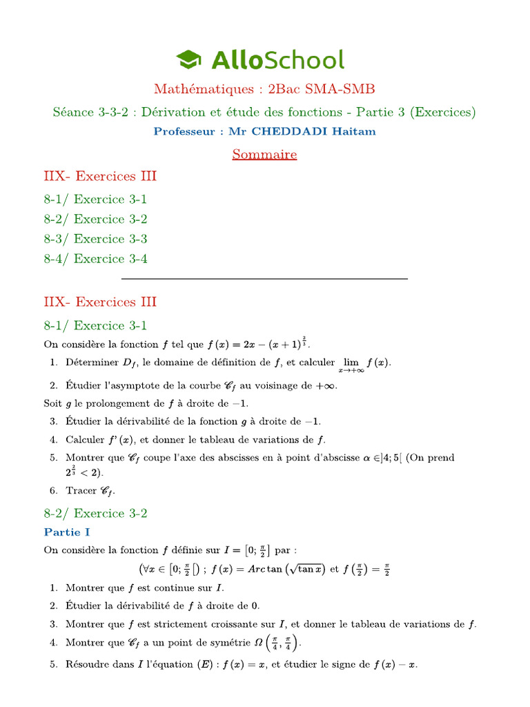 Seance 3 3 2 Derivation Et Etude Des Fonctions Partie 3 Exercices 2 | PDF