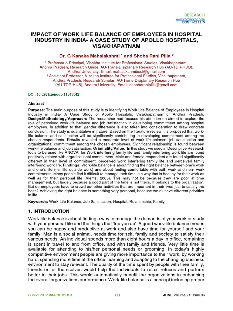 Impact of Work Life Balance of Employees in Hospital Industry in India - A Case Study of Apollo ...