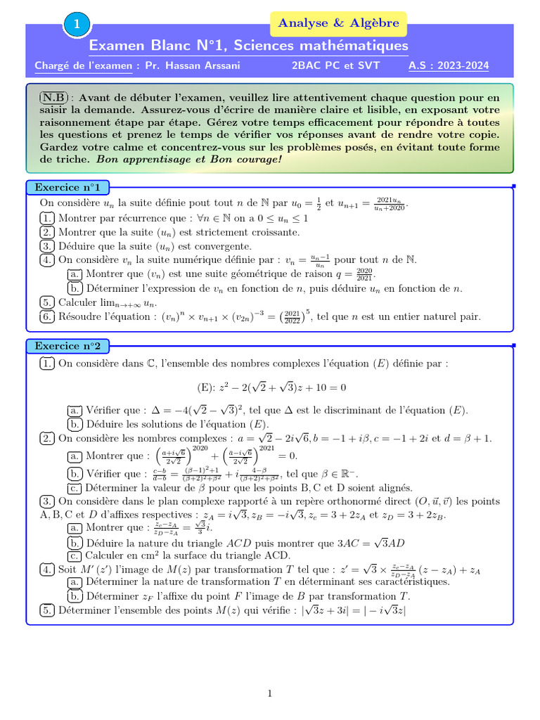 Examen Blanc N 1 Sciences Mathematiques | PDF | Nombre complexe | Algèbre