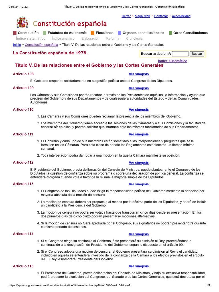 Título V. de Las Relaciones Entre El Gobierno y Las Cortes Generales ...