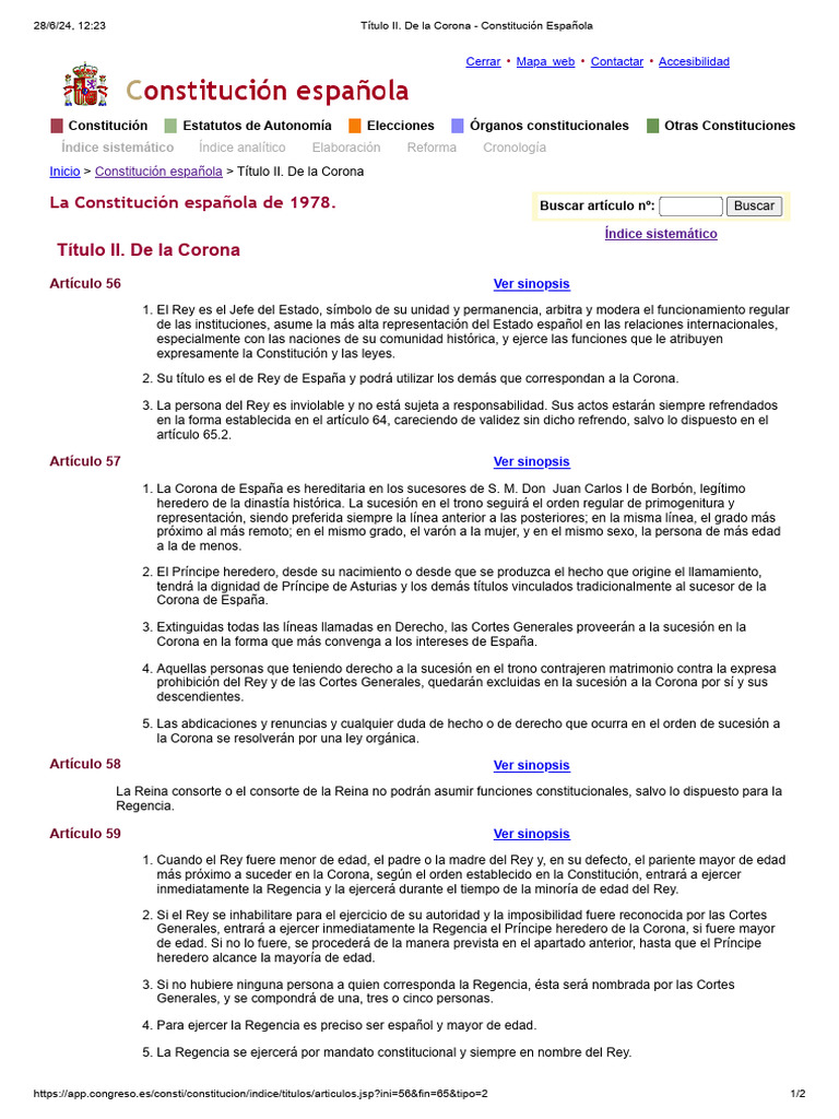Título Ii De La Corona Constitución Española Pdf Cortes