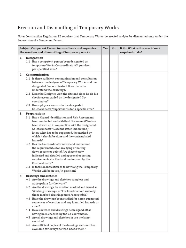Erection and Dismantling of Temporary Works Checklist | Download Free ...
