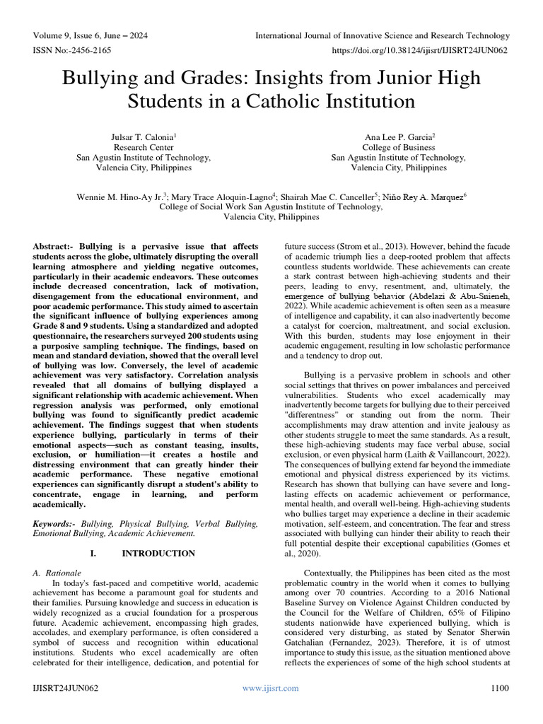 Bullying and Grades: Insights from Junior High Students in a Catholic ...