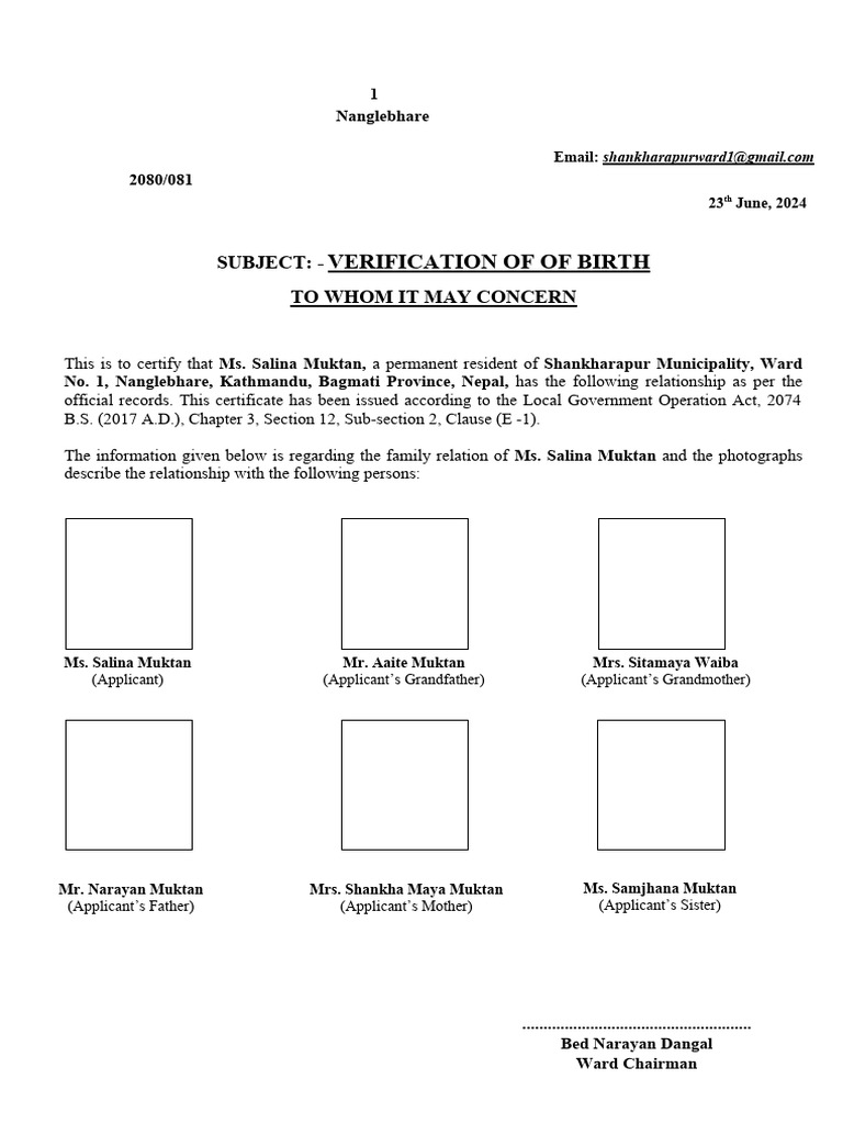 Birth Verification Certificate for Salina Muktan | PDF
