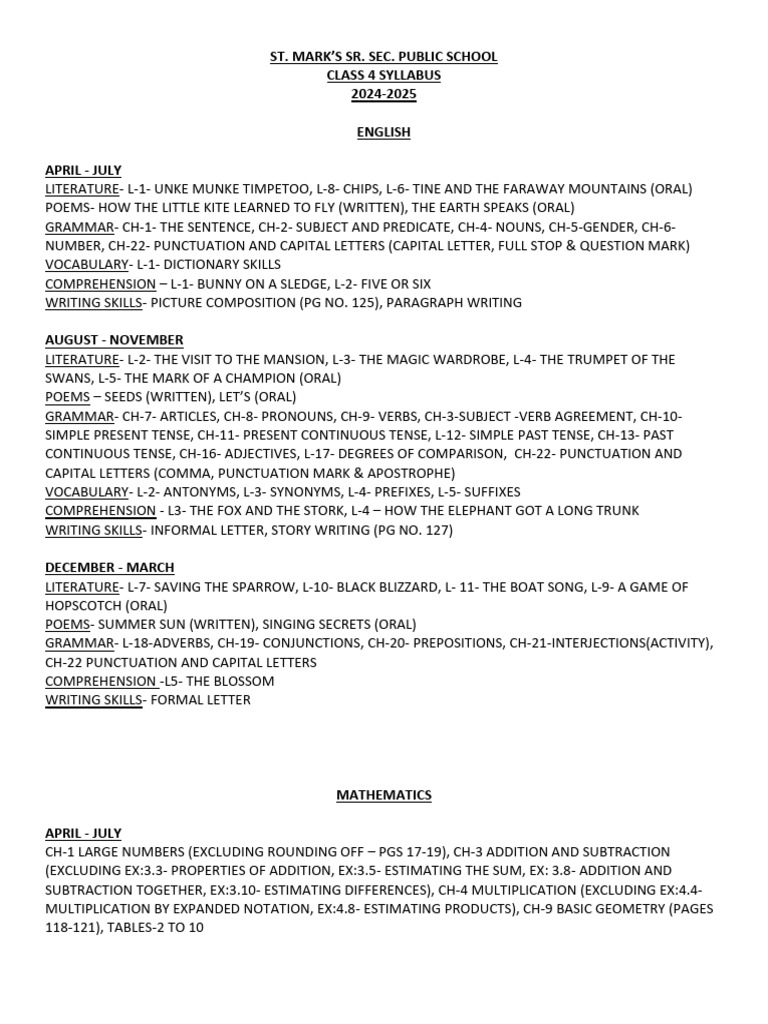 Class 4 Syllabus Overview 2024-2025 | PDF | Plateau | Linguistics