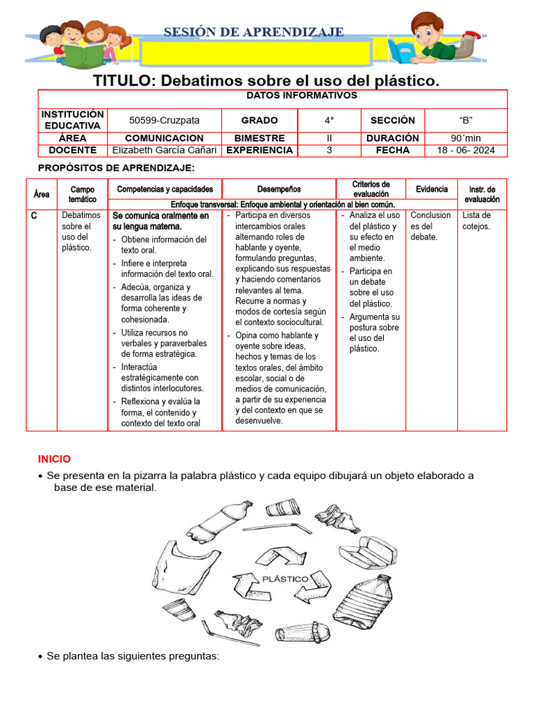 Sesion de Aprendizaje - Debatimos Sobre El Uso Del Plástico. | PDF ...