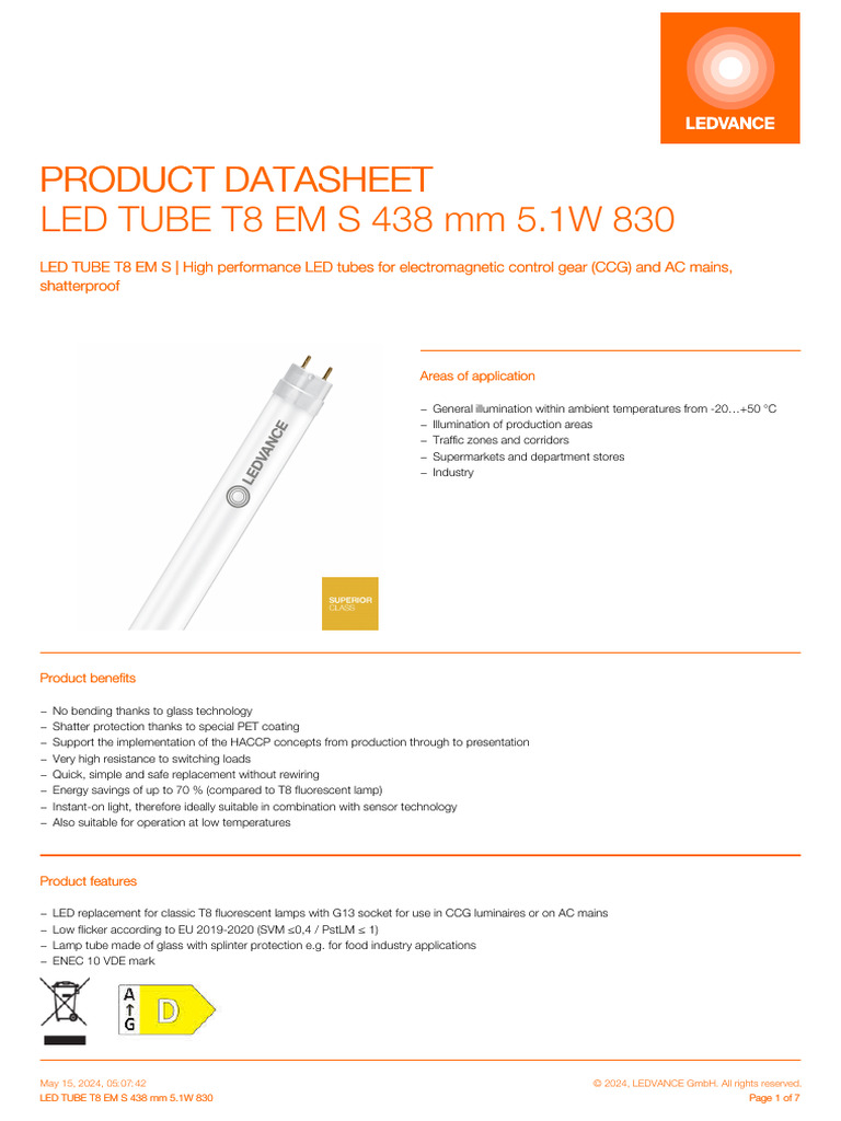 LED TUBE T8 EM S 438 MM 5.1W 830 en | PDF | Mains Electricity | Alternating Current