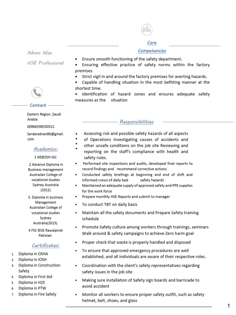 Resume Adnan Niaz Updated Pdf Safety Workplace 