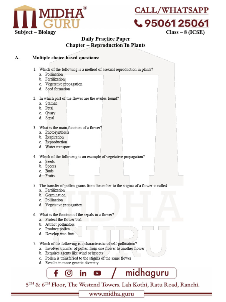Class 8 ICSE Reproduction in Plants Worksheet | PDF | Plant ...