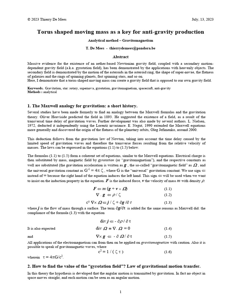 Torus Shaped Moving Mass As A Key For Anti-Gravity | PDF | Force | Gravity