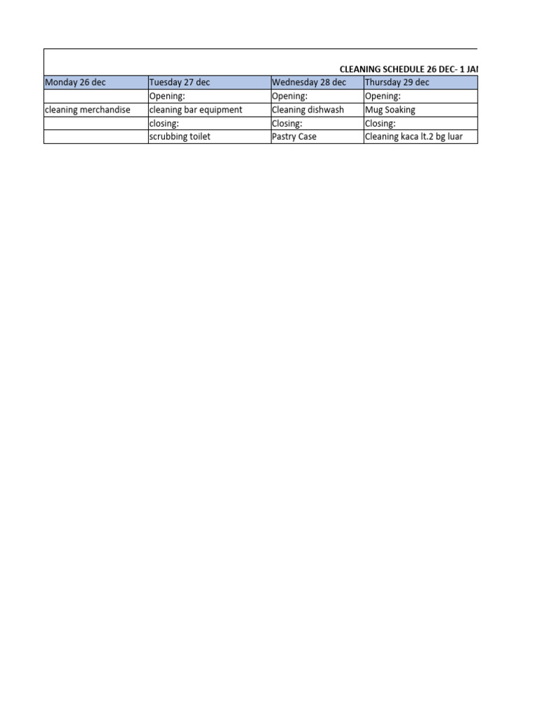 Weekly Cleaning Schedule: Dec 26 - Jan 1 | PDF