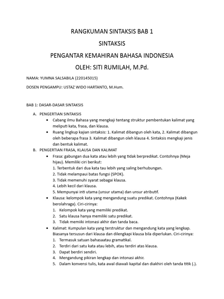 Dasar-Dasar Sintaksis Bahasa Indonesia | PDF