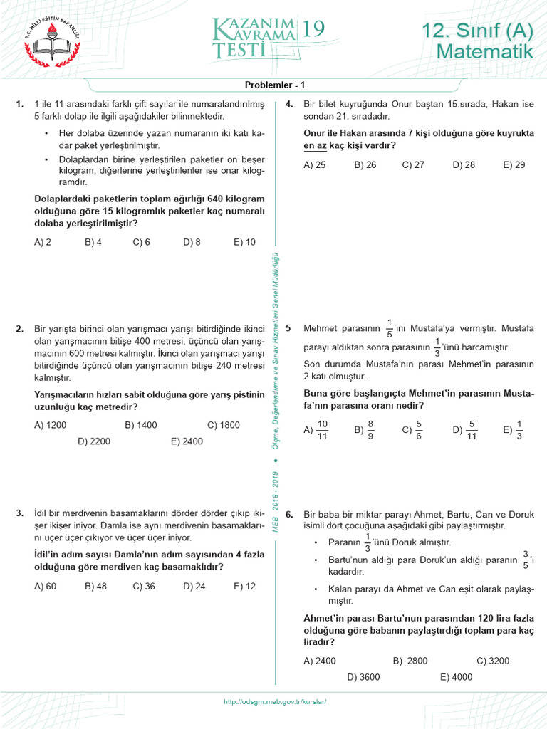 Sınıf (A) Matematik: Problemler - 1 | PDF