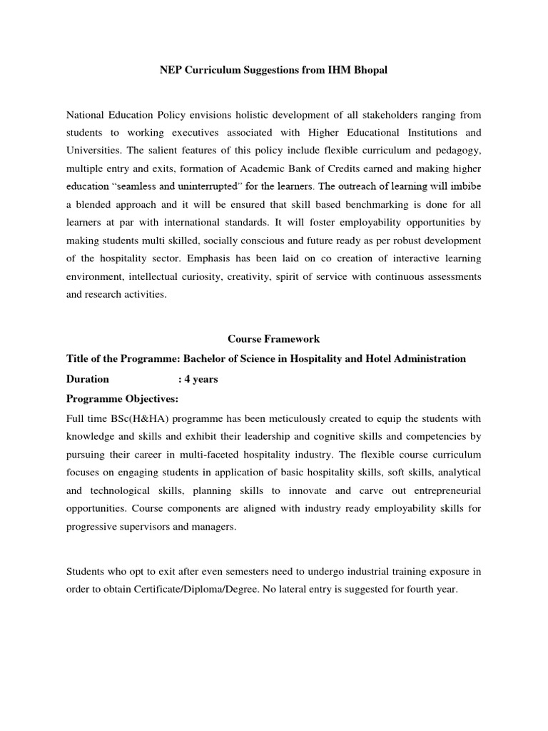 NEP Curriculum IHM Bhopal | PDF | Curriculum | Learning