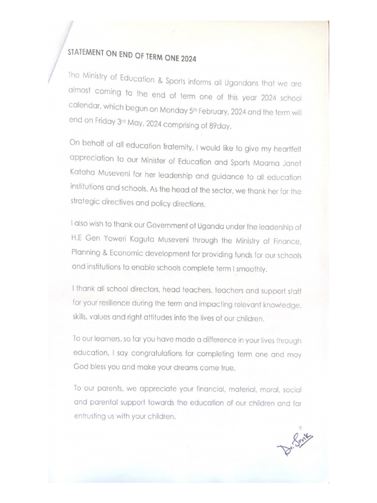 Statement On End of Term - Education | PDF