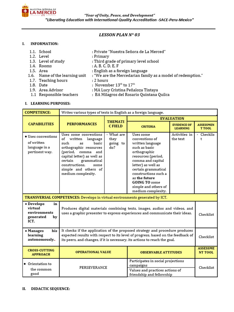 IV TERM - LESSON PLAN 3 - UNIT 08 - 3rd GRADE - QUINTANA | PDF ...
