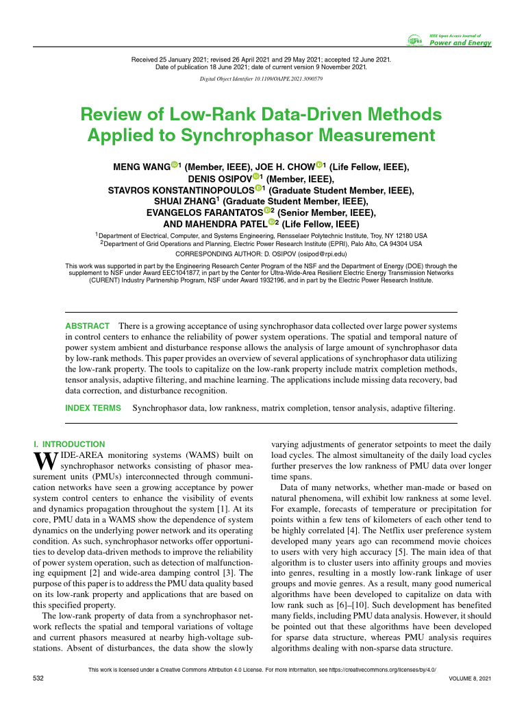 Review of Low-Rank Data-Driven Methods Applied To Synchrophasor Measurement | PDF | Matrix ...