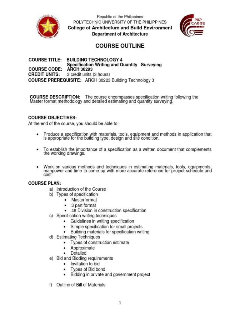 Course Outline Building Tech 2024 | PDF | Specification (Technical ...