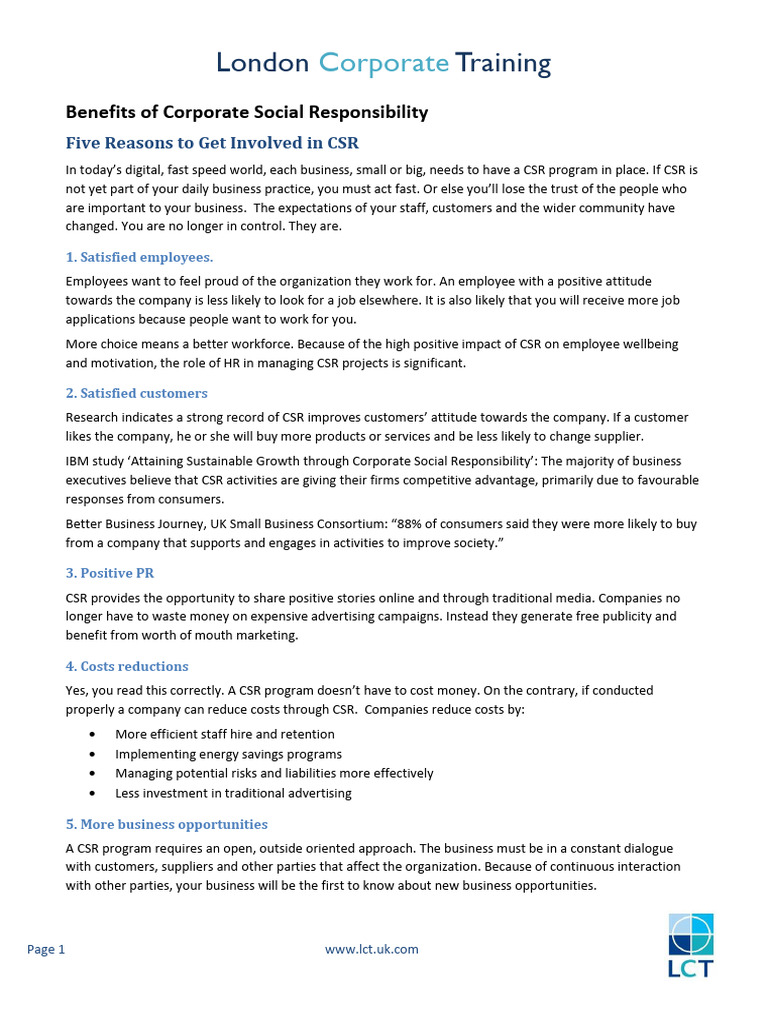 28.08 - 5 Reasons Why Should You Get Involved in CSR | PDF | Corporate ...