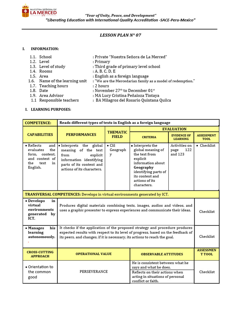 IV TERM - LESSON PLAN 07 - UNIT 08 - 3rd GRADE - QUINTANA | PDF | Educational Technology ...