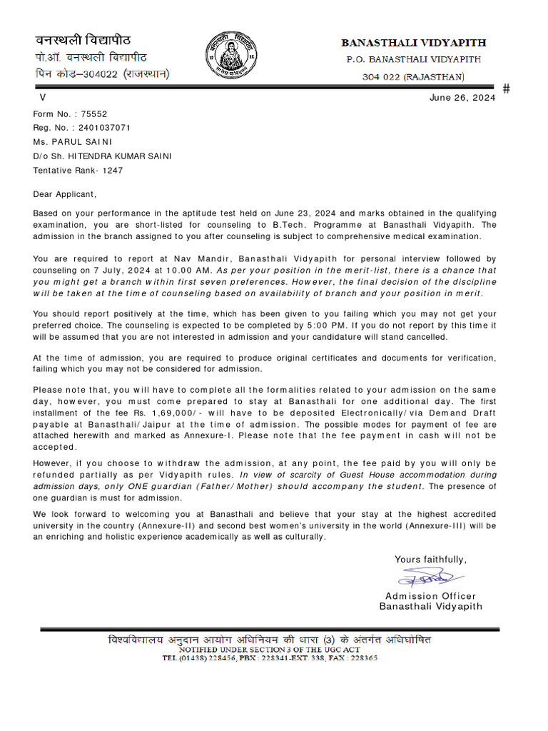 B.tech. Offer Letter | PDF | University And College Admission ...