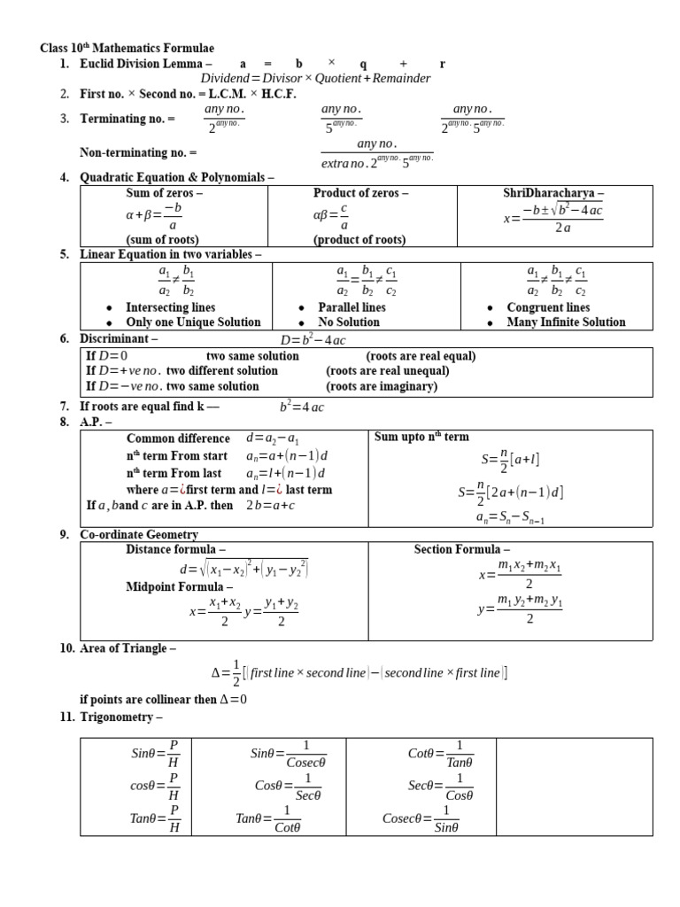 Class 10th Mathematics Formulae | Download Free PDF | Zero Of A Function | Equations