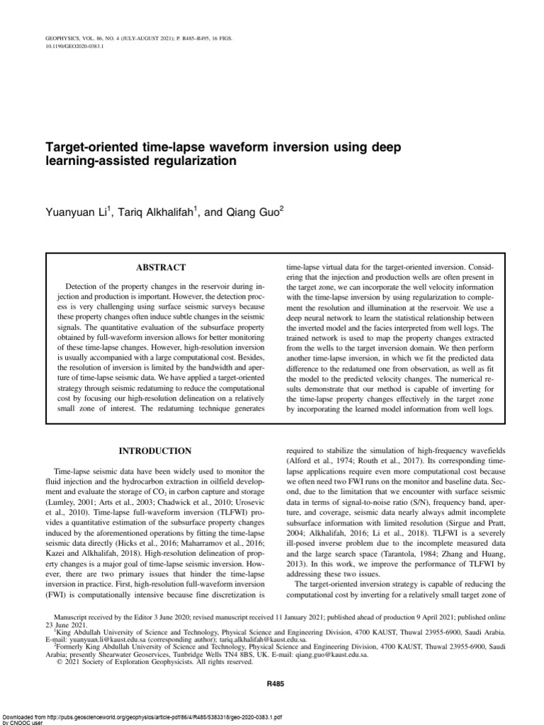 Target-Oriented Time-Lapse Waveform Inversion Using Deep | PDF | Deep Learning | Reflection ...