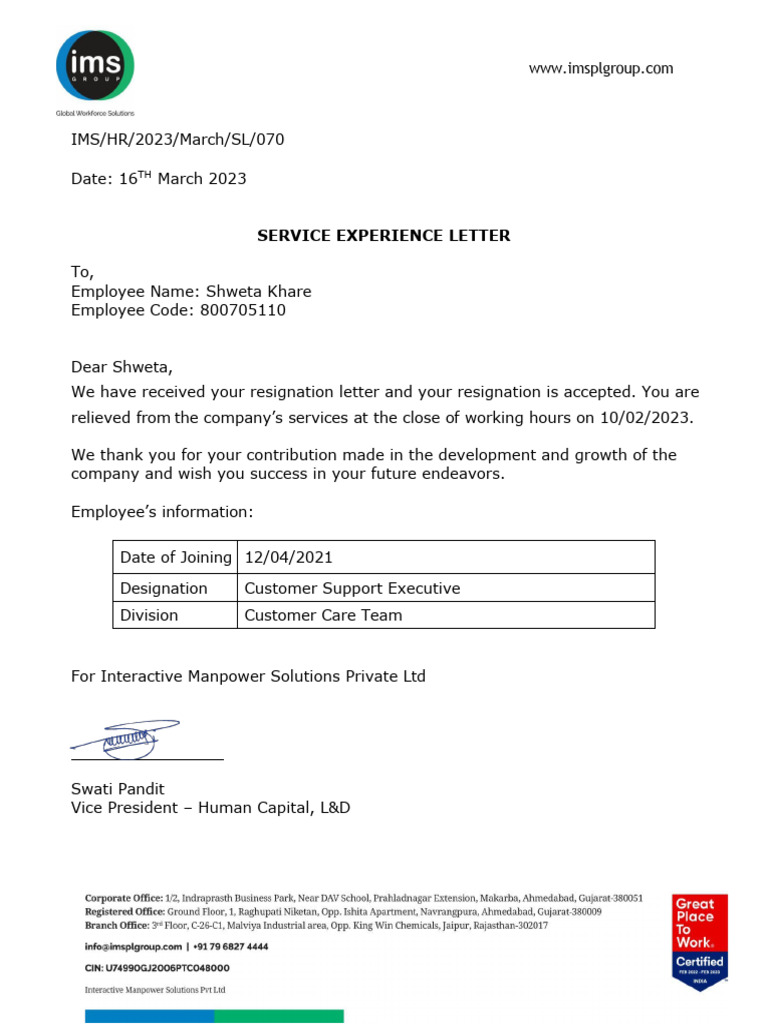 IMS-Experience Letter | PDF