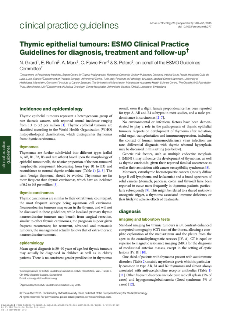 ESMO Guidelines Thymic Epithelial Tumours | PDF | Thymus | Cancer