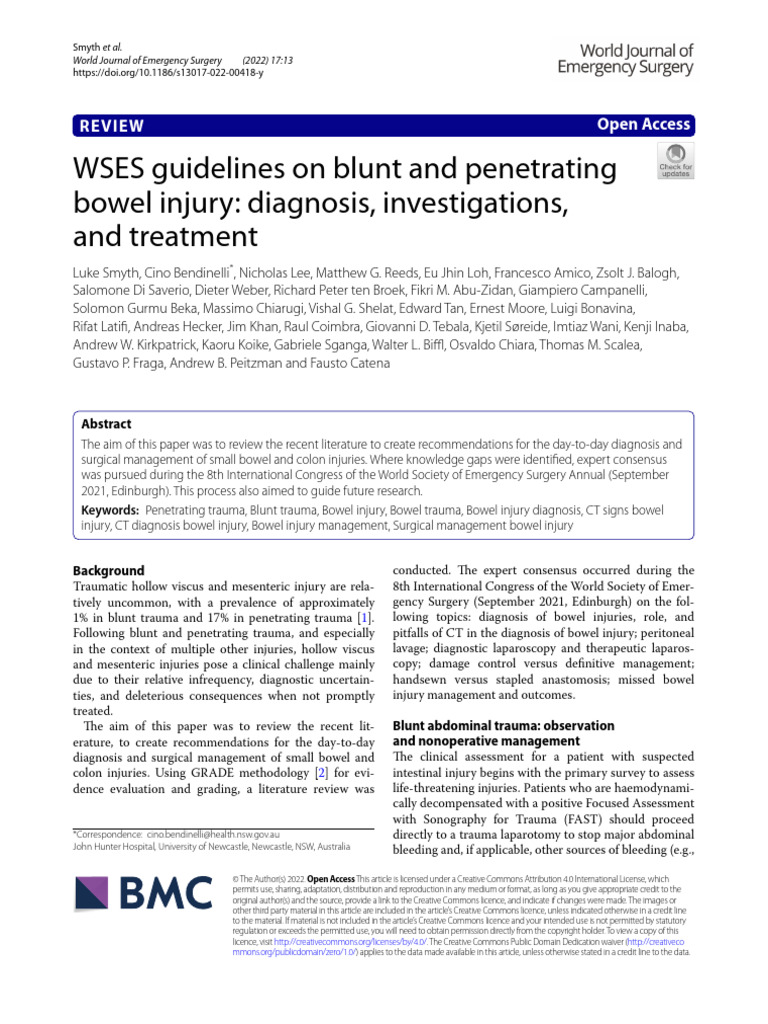 972 WSES Guidelines On Blunt and Penetrating Bowel Injury Diagnosis ...