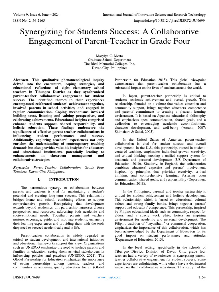 Synergizing For Students Success: A Collaborative Engagement of Parent ...
