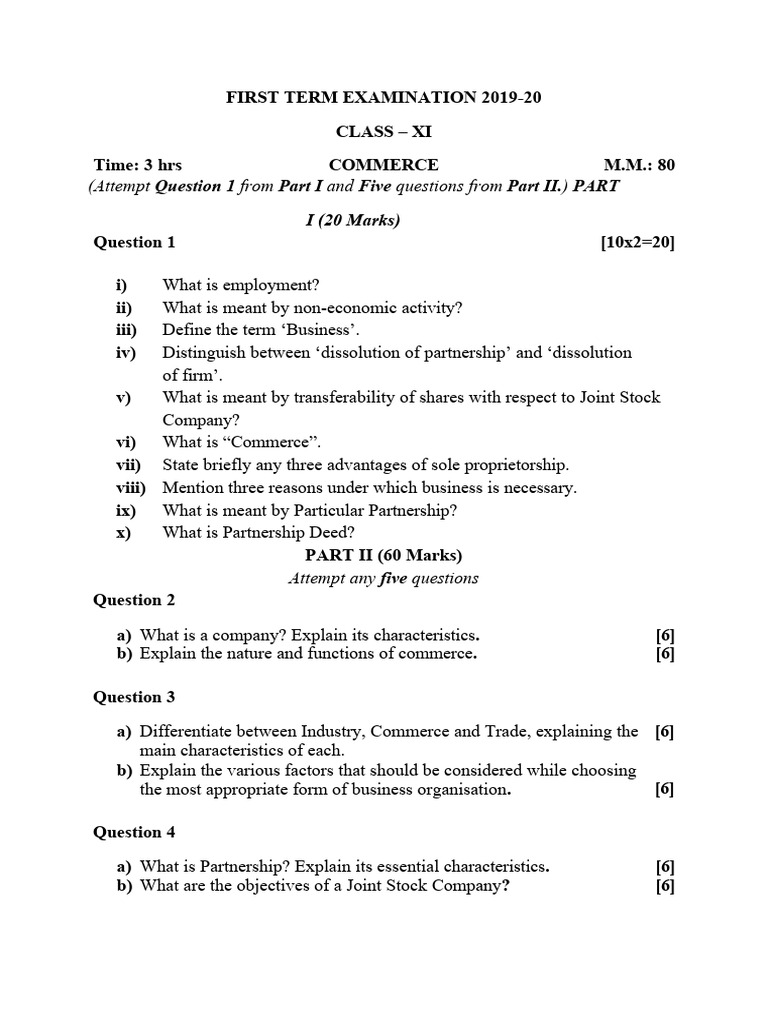 COMMERCE XI 1st term exam 2020-21 | PDF