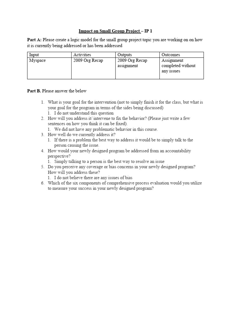 Logic Model for Small Group Project Evaluation | PDF