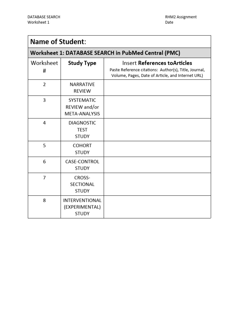Worksheet 1-DATABASE SEARCH For Articles by Study Type | PDF