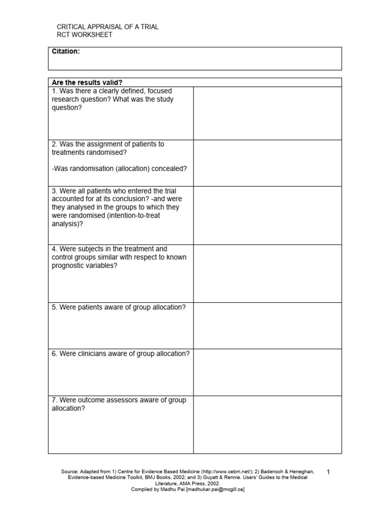 RCT_Worksheet | PDF | Randomized Controlled Trial | Evidence Based Medicine
