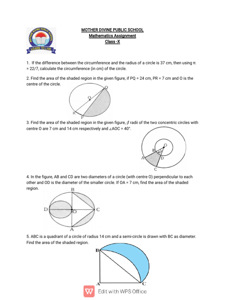 Class X Math Assignment on Circles and Areas | PDF | Science & Mathematics