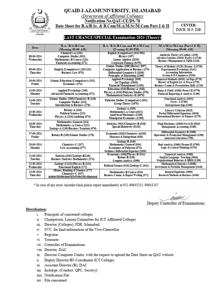 Final Date Sheet Bachelorsand Masters Last Special Examination 2024 ...