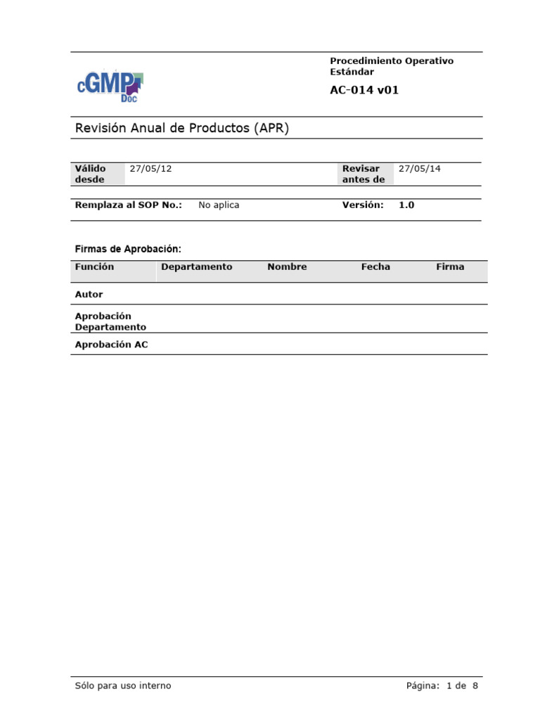 SOP - AC-014 Revision Anual de Productos (APR) v1.0 | PDF | Información